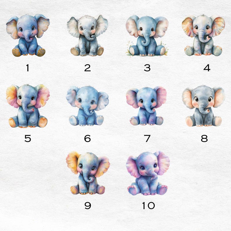 10 Elephant Clipart PNG Bundle, Digital Watercolour Graphic, Whimsical ...