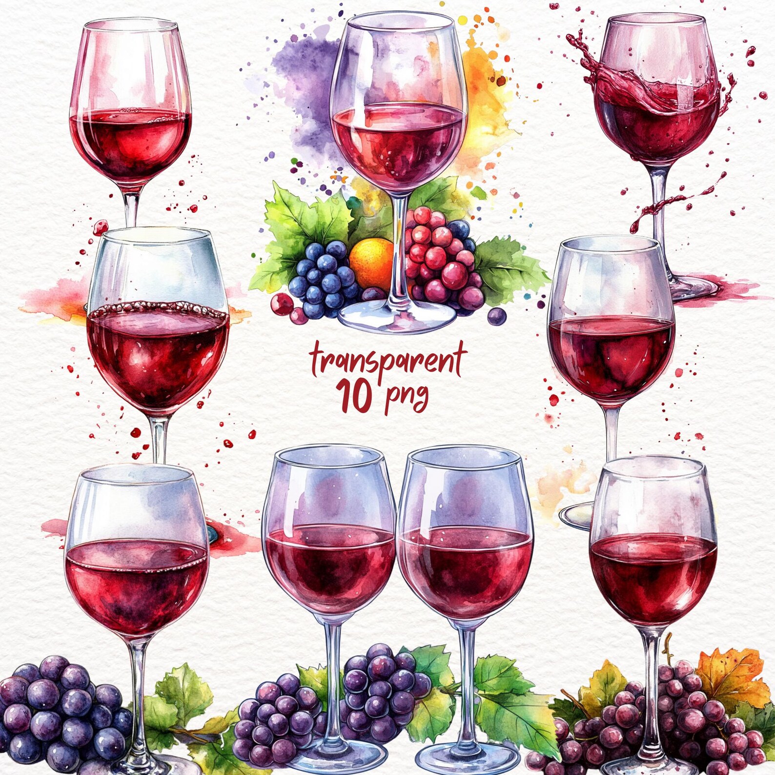 Red Wine Watercolor Clipart: PNG Bundle for Commercial Use (digital ...