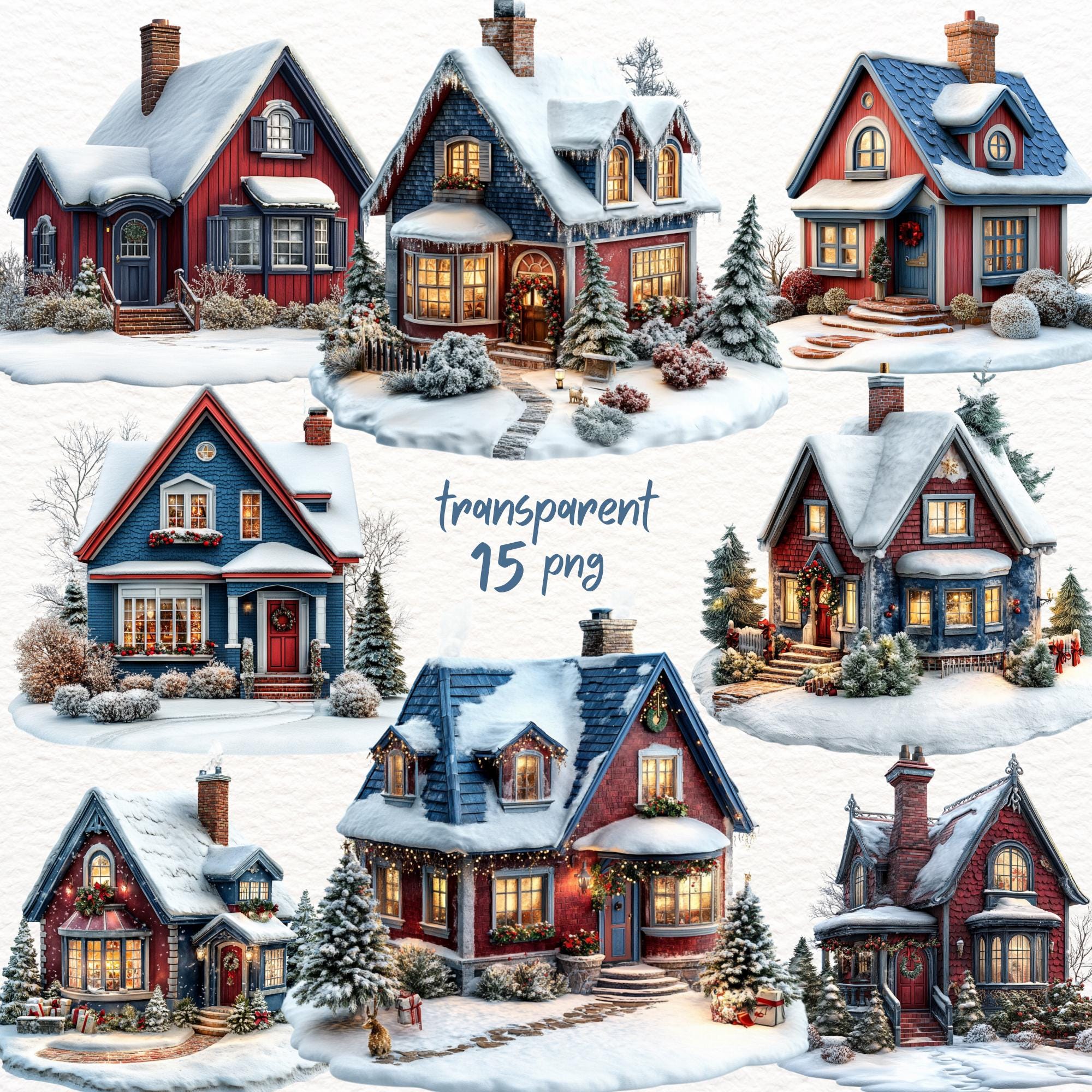 15 Winter House Clipart PNG Bundle, Digital Graphic, Cottage Png ...
