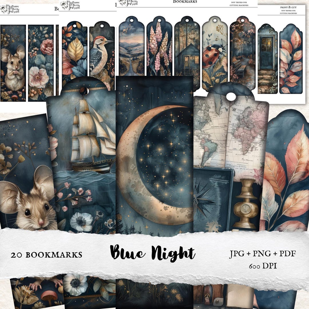 Blue Night Bookmarks Bundle: Printable DIY Ephemera (digital Download ...