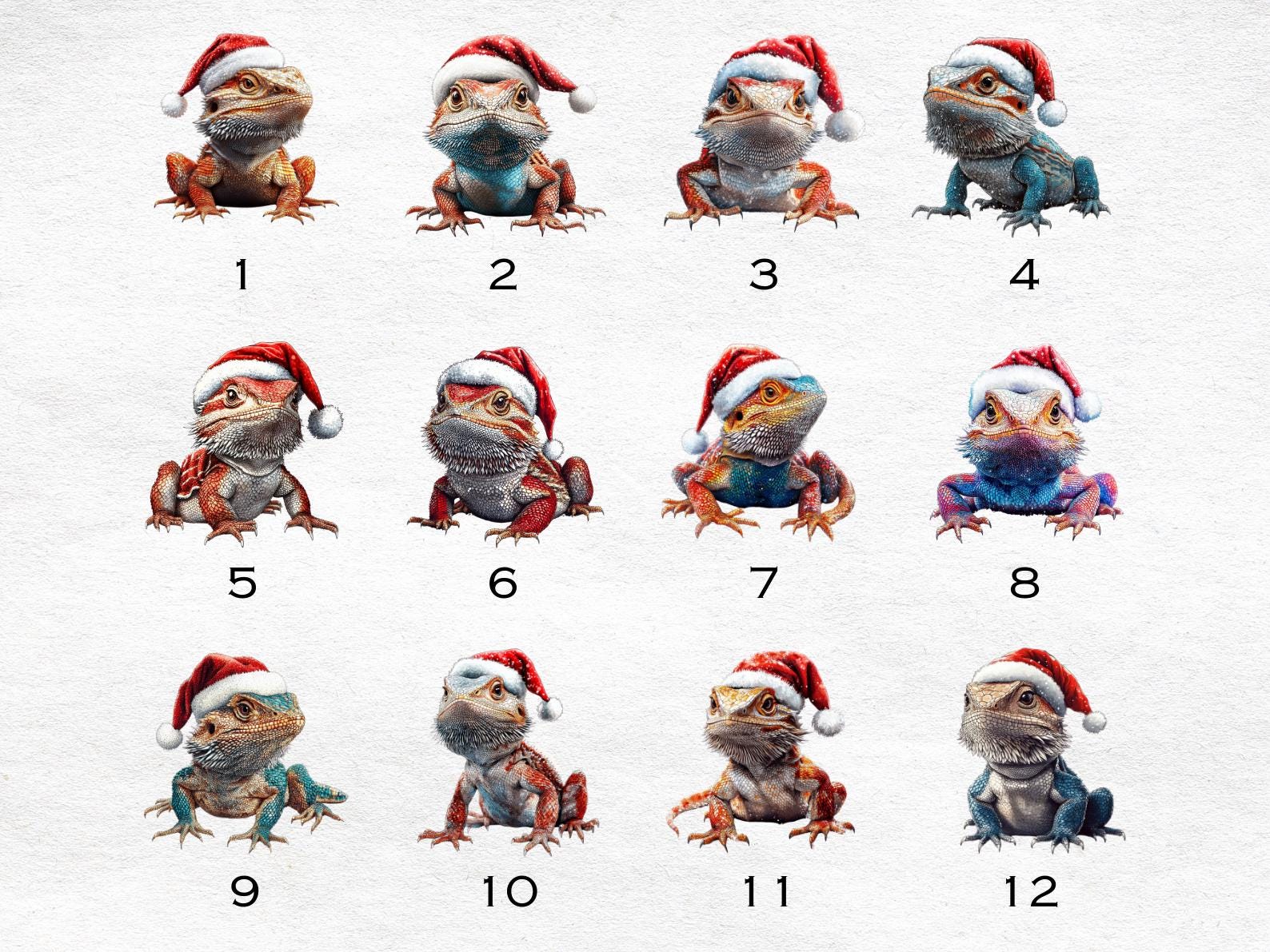 12 Bearded Dragon With Santa Hat Clipart Bundle, Printable Watercolour ...