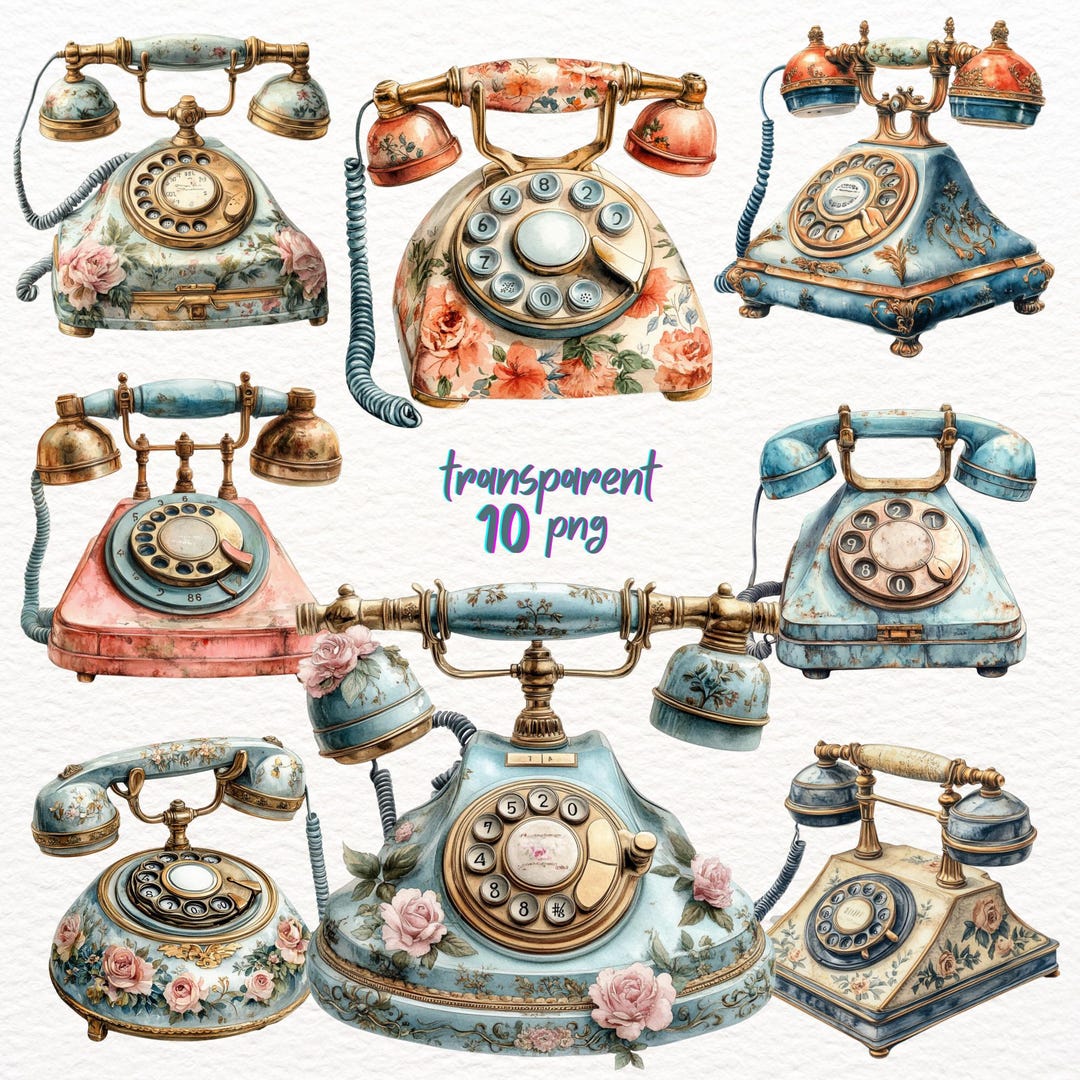 10 Vintage Telephone Clipart PNG Bundle, Digital Watercolor Craft ...
