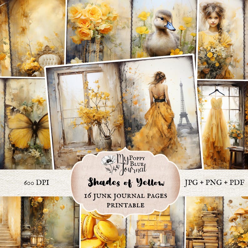 Yellow Junk Journal Printable Paper, Shade Letter Writing Page ...