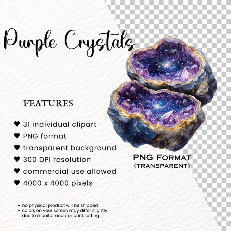 Purple Crystal Clipart Bundle: Gemstone Geodes (PNG Digital Download ...