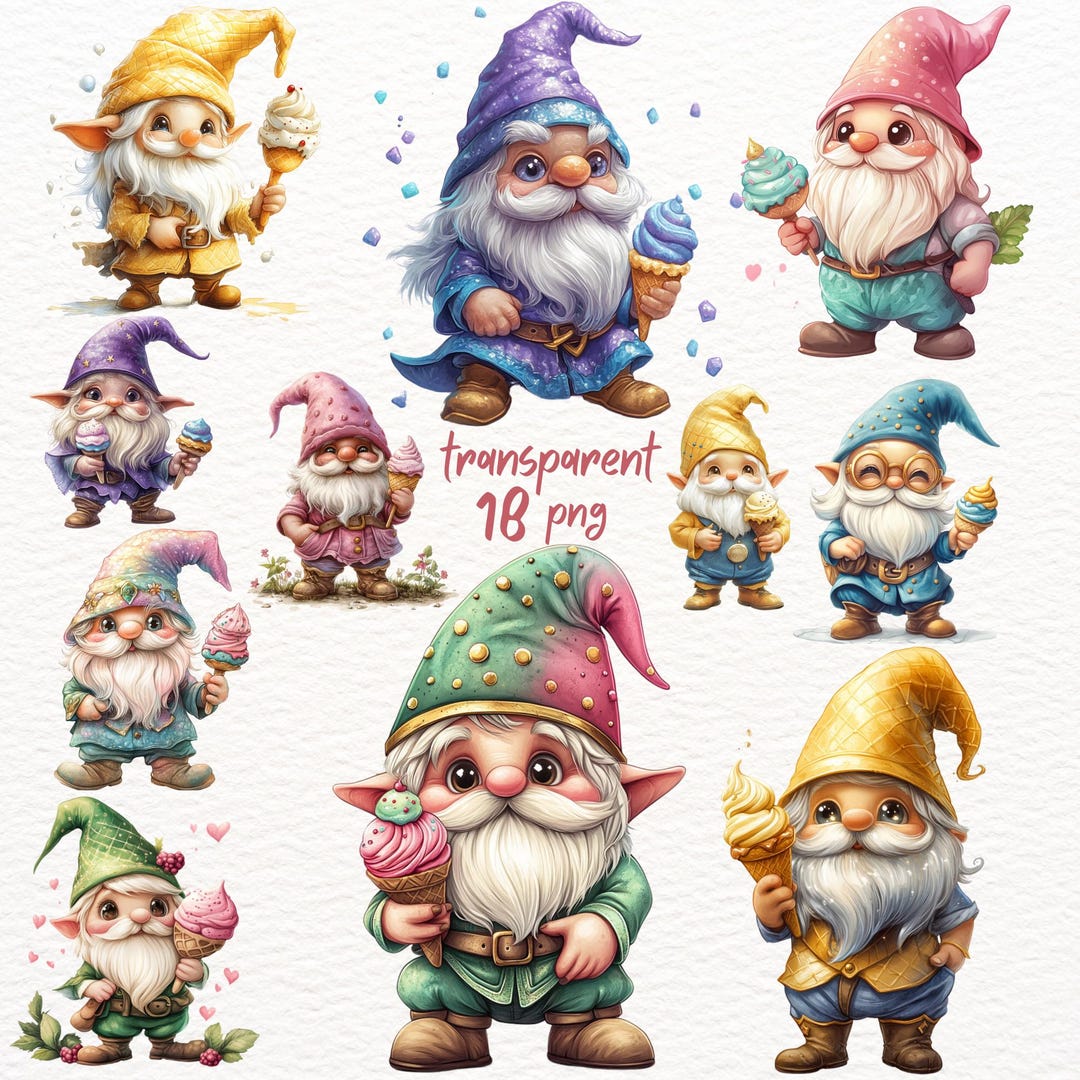 Ice Cream Gnome Clipart Bundle: Summer PNG Illustrations (commercial ...