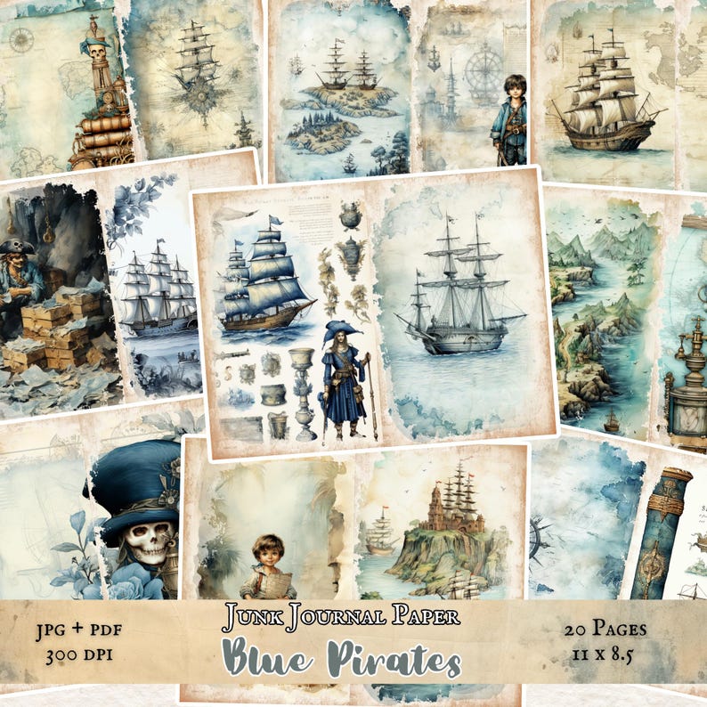 Junk Journal Printable Collage Paper, Pirates Shabby Pages, Ephemera ...