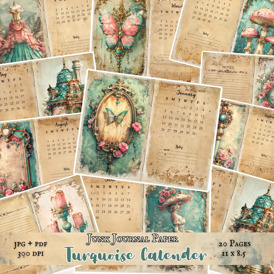 Calendar Junk Journal Printable Collage Paper, Turquoise Shabby Pages ...