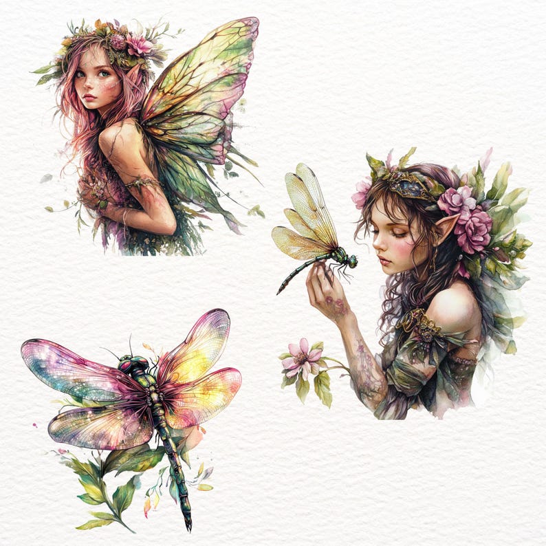 Fairy Dragonfly Clipart Bundle: Whimsical Watercolor PNG (digital ...