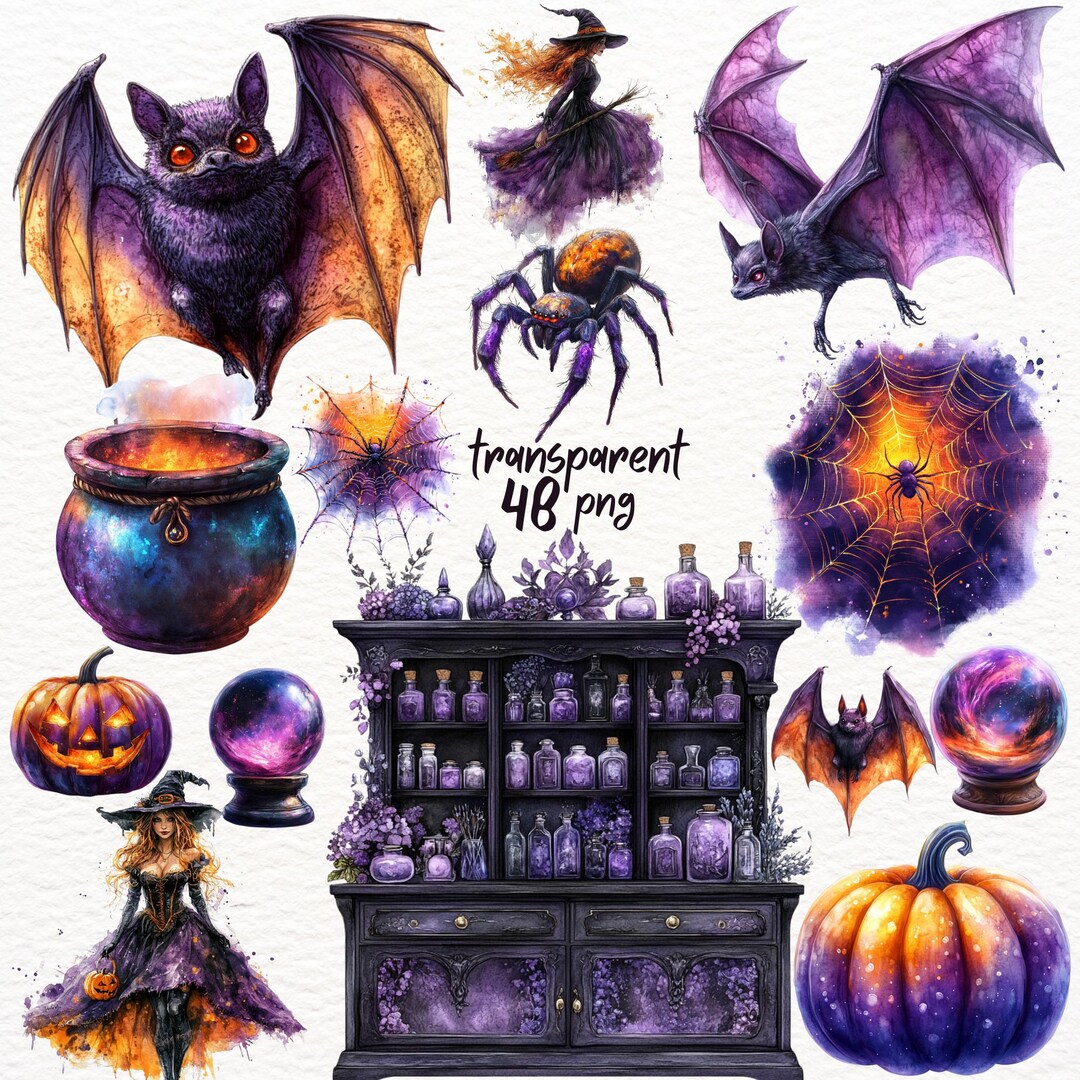 Purple Halloween Clipart Bundle: Watercolor Mystical Graphics (PNG ...