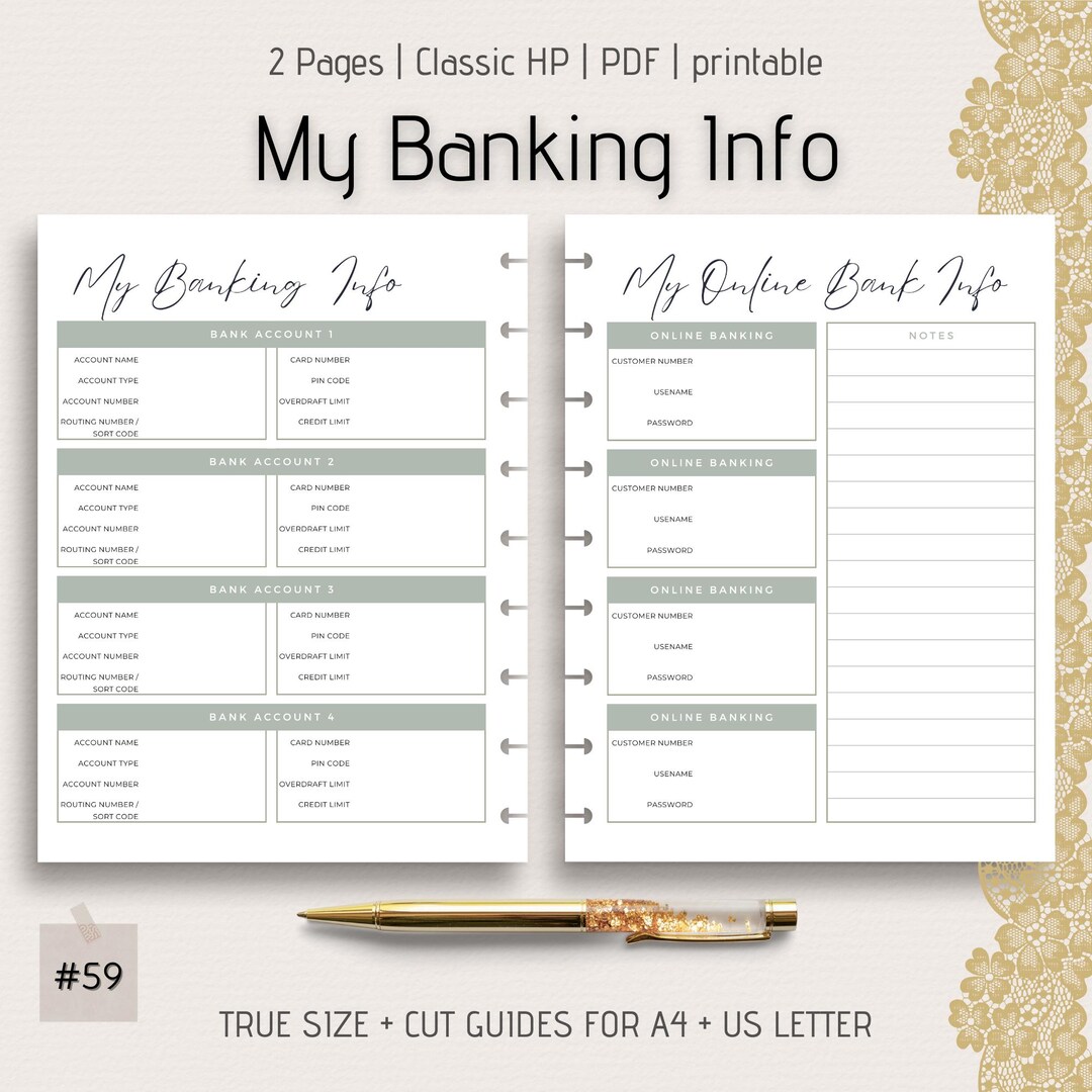 Banking Info Planner Insert, Printable Planner, Digital Template ...