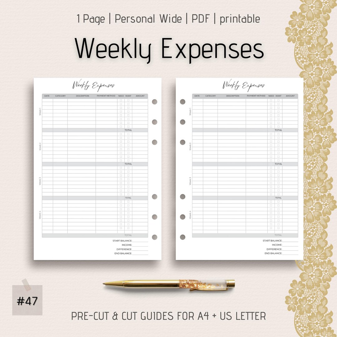 Weekly Expenses Planner Insert, Printable Personal Wide Template ...