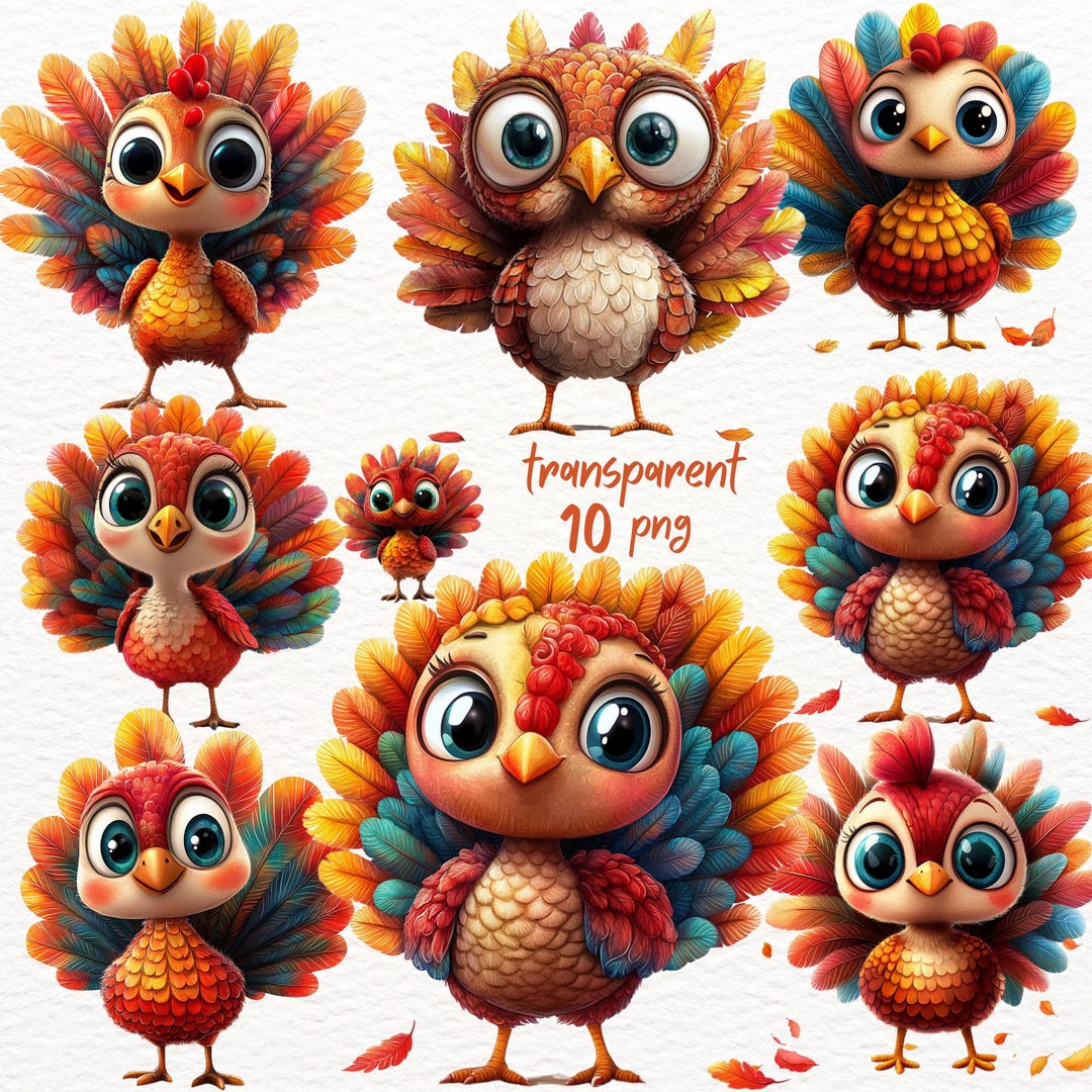 10 Thanksgiving Turkey Clipart PNG Bundle, Digital Graphic, Festive ...