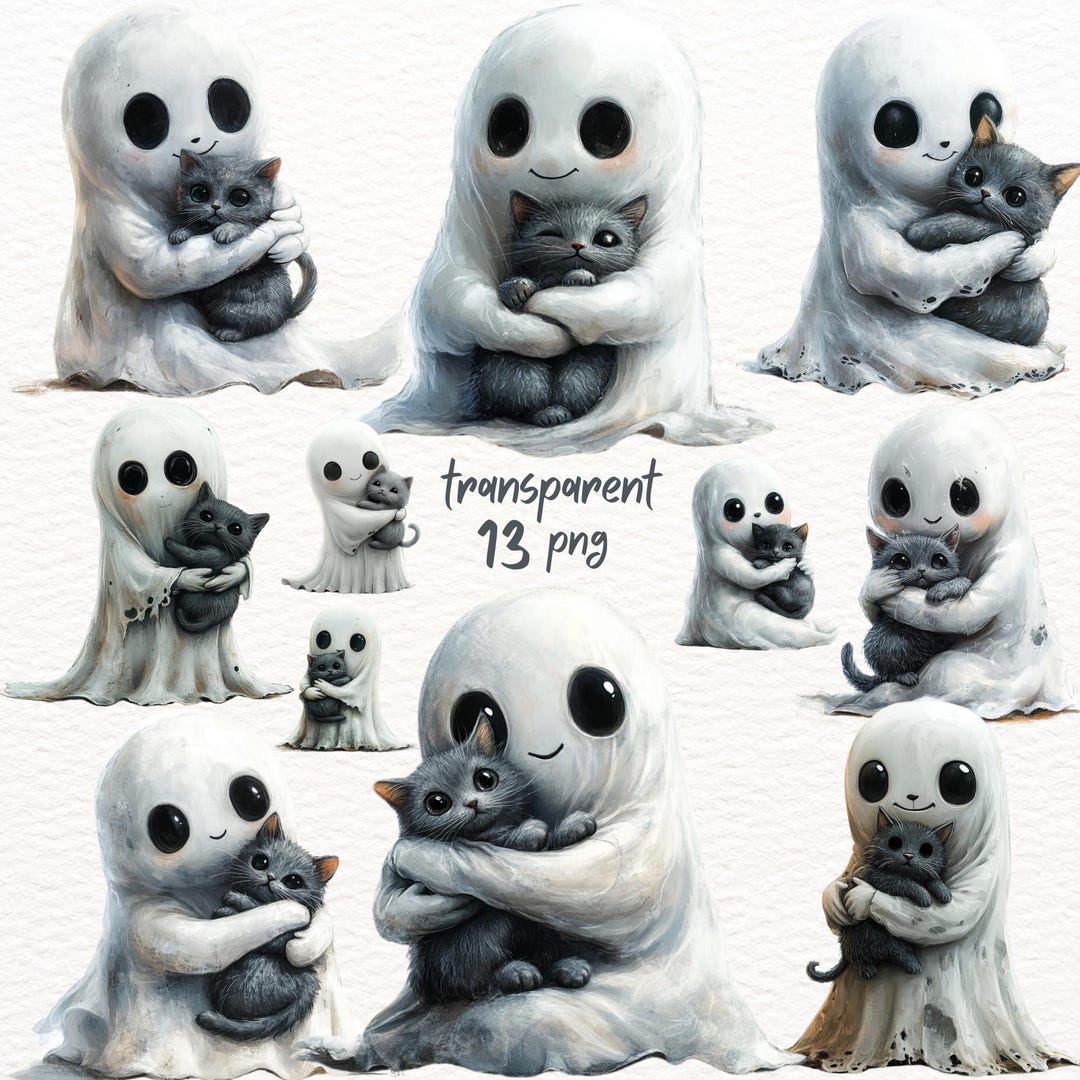 Ghost and Cat Clipart Bundle: Halloween PNG Graphics (commercial Use ...