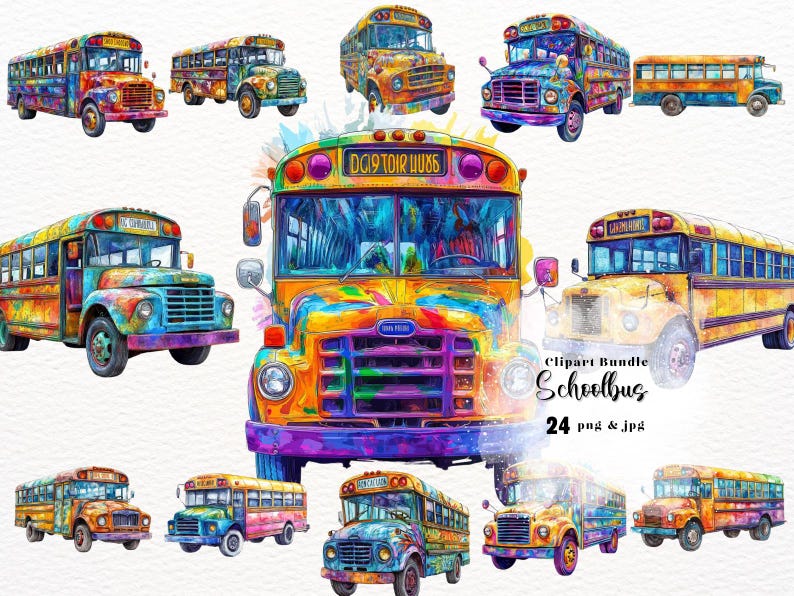 24 Schoolbus Clipart Bundle, Printable Watercolour, Whimsical Rustic ...