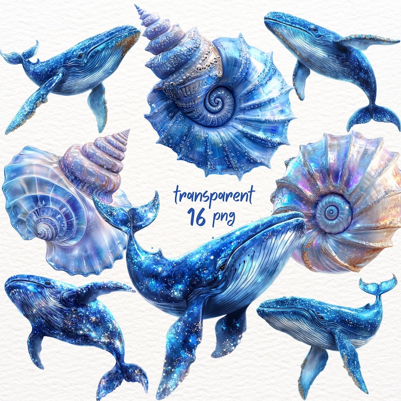 16 Blue Whale Seashells Clipart PNG Bundle, Digital Graphic, Ocean ...