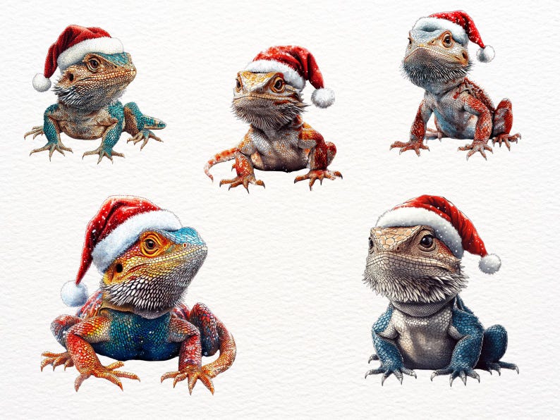 12 Bearded Dragon With Santa Hat Clipart Bundle, Printable Watercolour ...