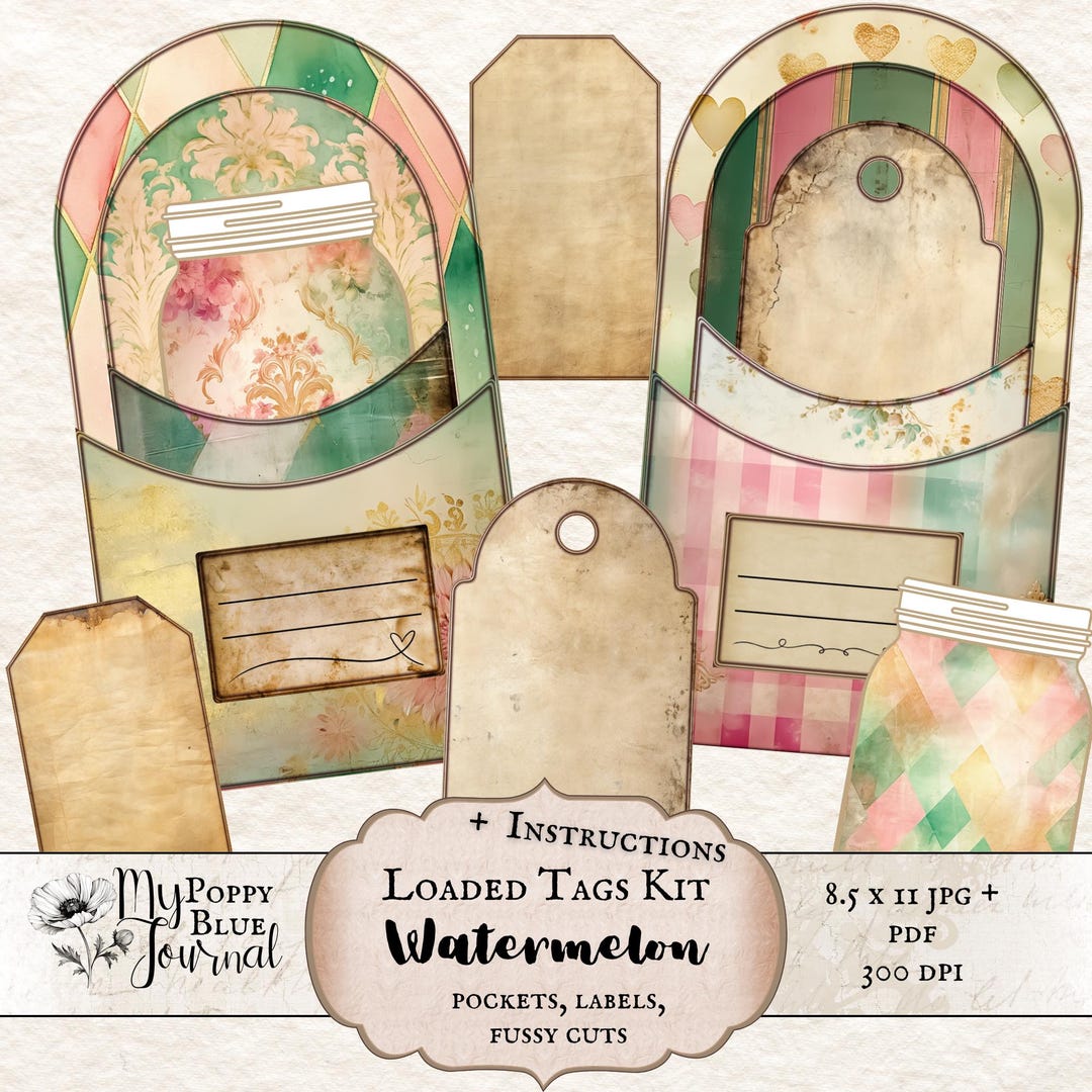 Loaded Tag Junk Journal Printable Bundle Kit, Watermelon Folio Set Jpg ...