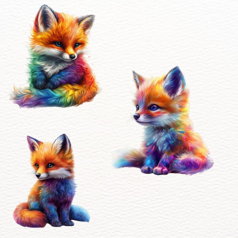 Rainbow Fox Clipart Bundle: Watercolor Forest Animals (PNG, Commercial ...