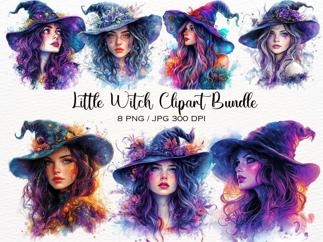8 Little Witch Clipart Bundle, Printable Watercolour, Whimsical JPG ...