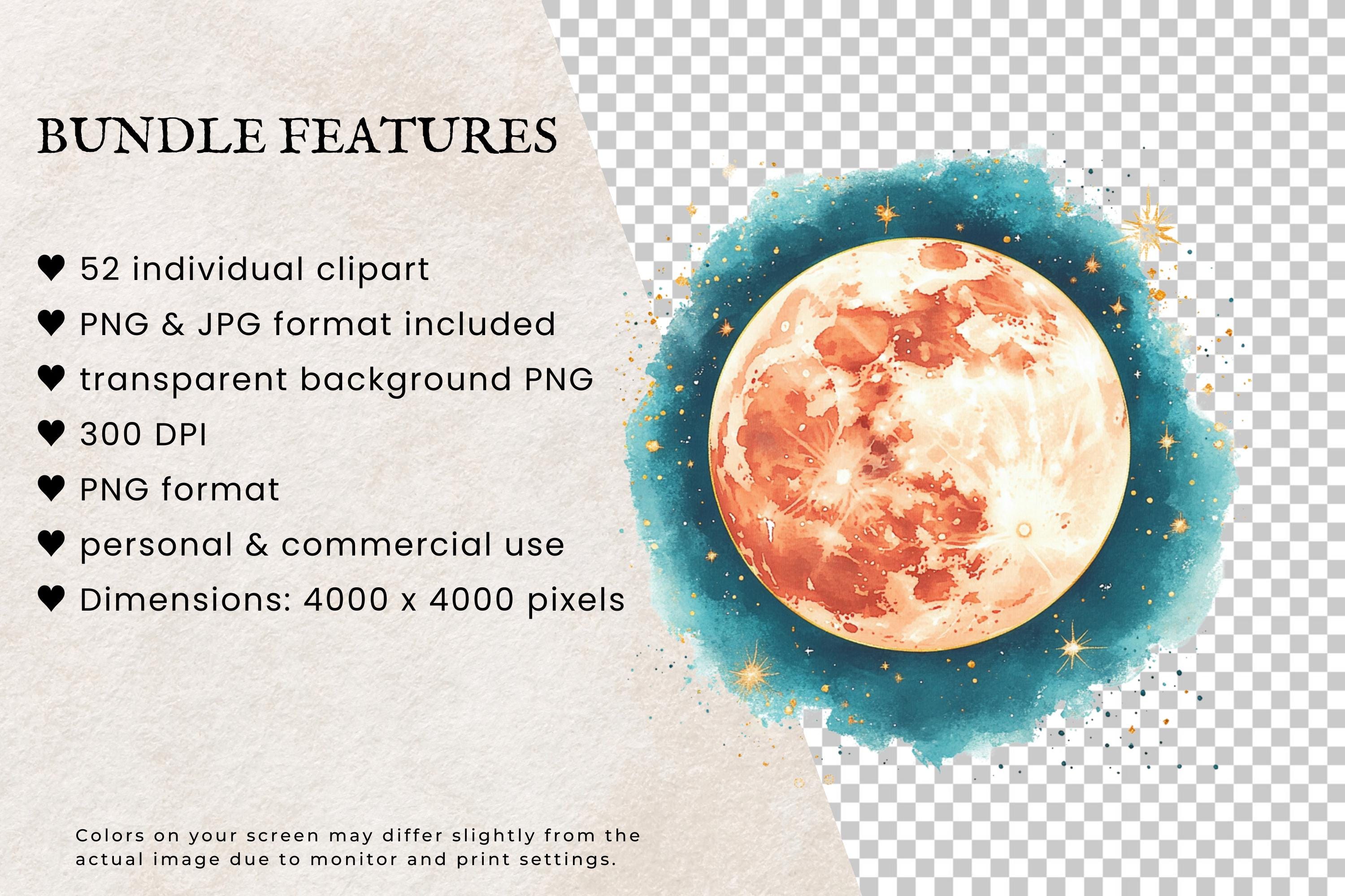 52 Celestial Moon Clipart: Watercolor PNG, JPG (commercial Use) - Etsy