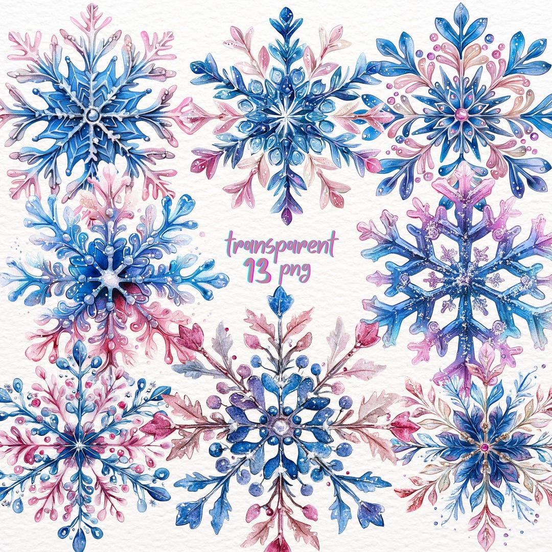 Pastel Snowflake Clipart Bundle: Watercolor Christmas Graphics (PNG) - Etsy