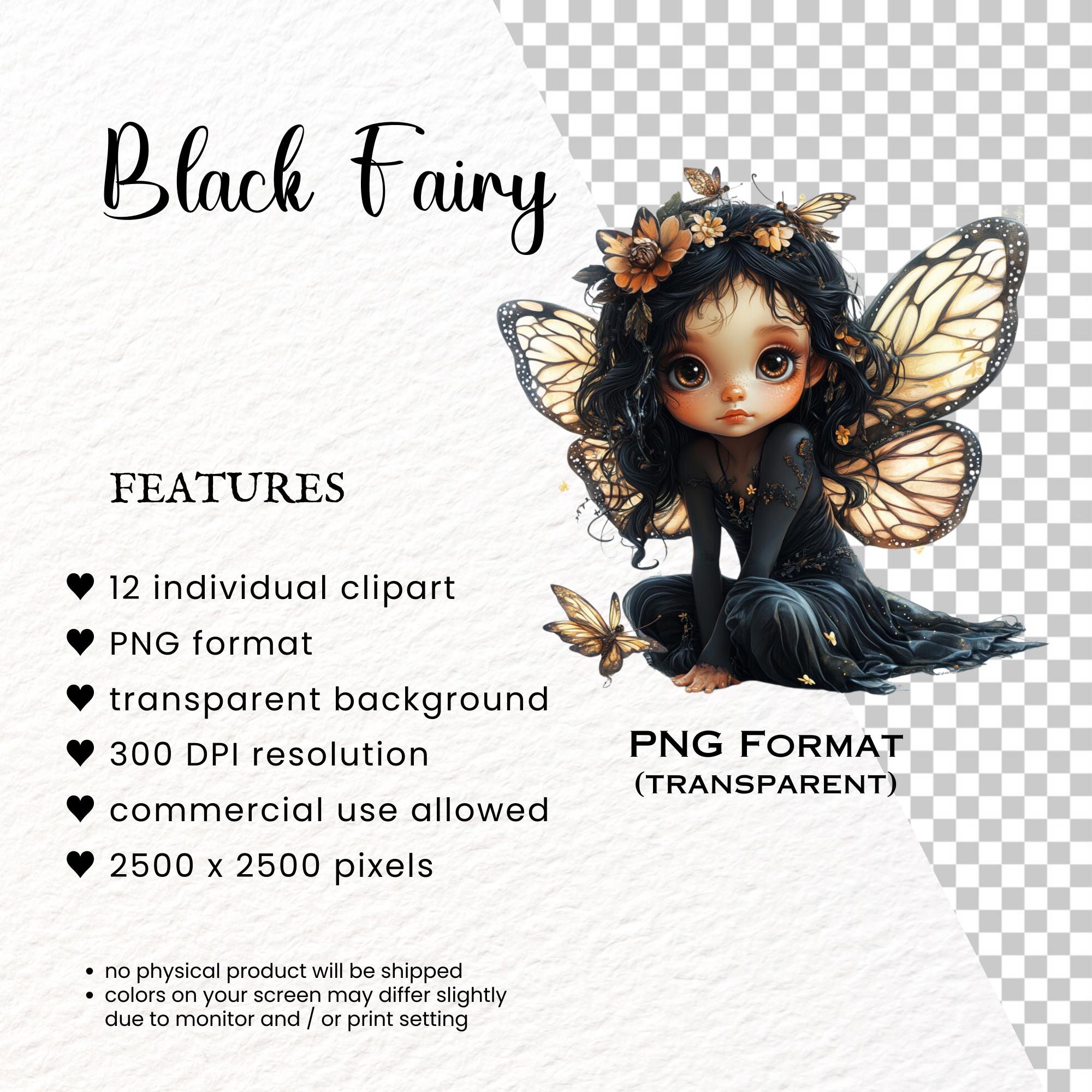 12 Black Fairy Clipart PNG Bundle, Digital Fantasy Graphic, Fairytale ...