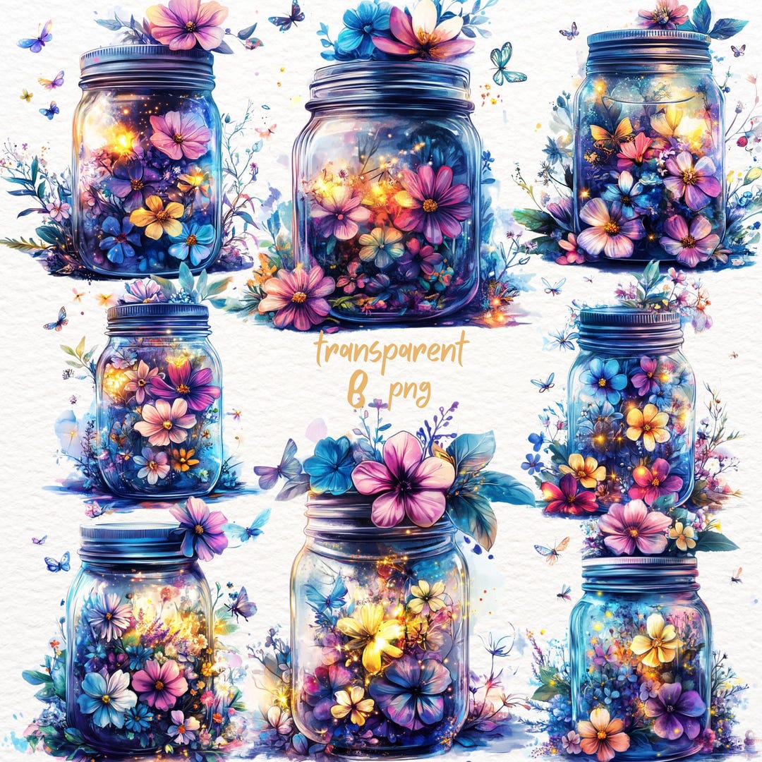 8 Floral Mason Jar Clipart PNG Bundle, Digital Graphic, Flower ...