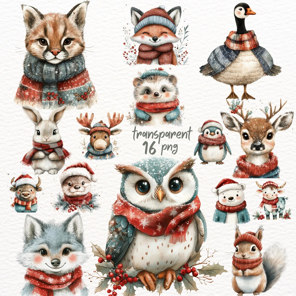 Winter Animals Clipart Bundle: Watercolor PNG, Christmas Graphics ...