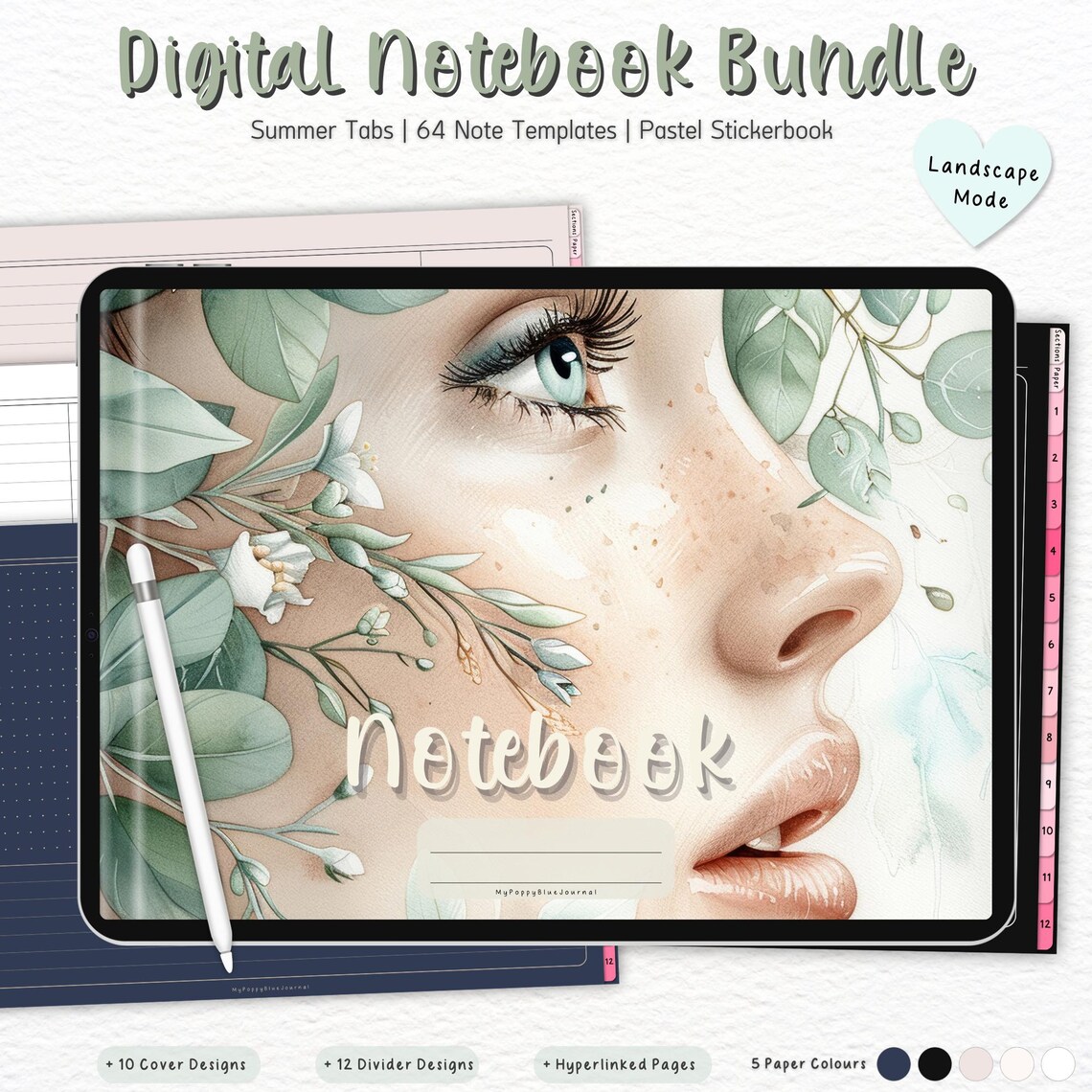 Green Digital Notebook: Summer Tabs, Pastel Stickers (goodnotes) - Etsy