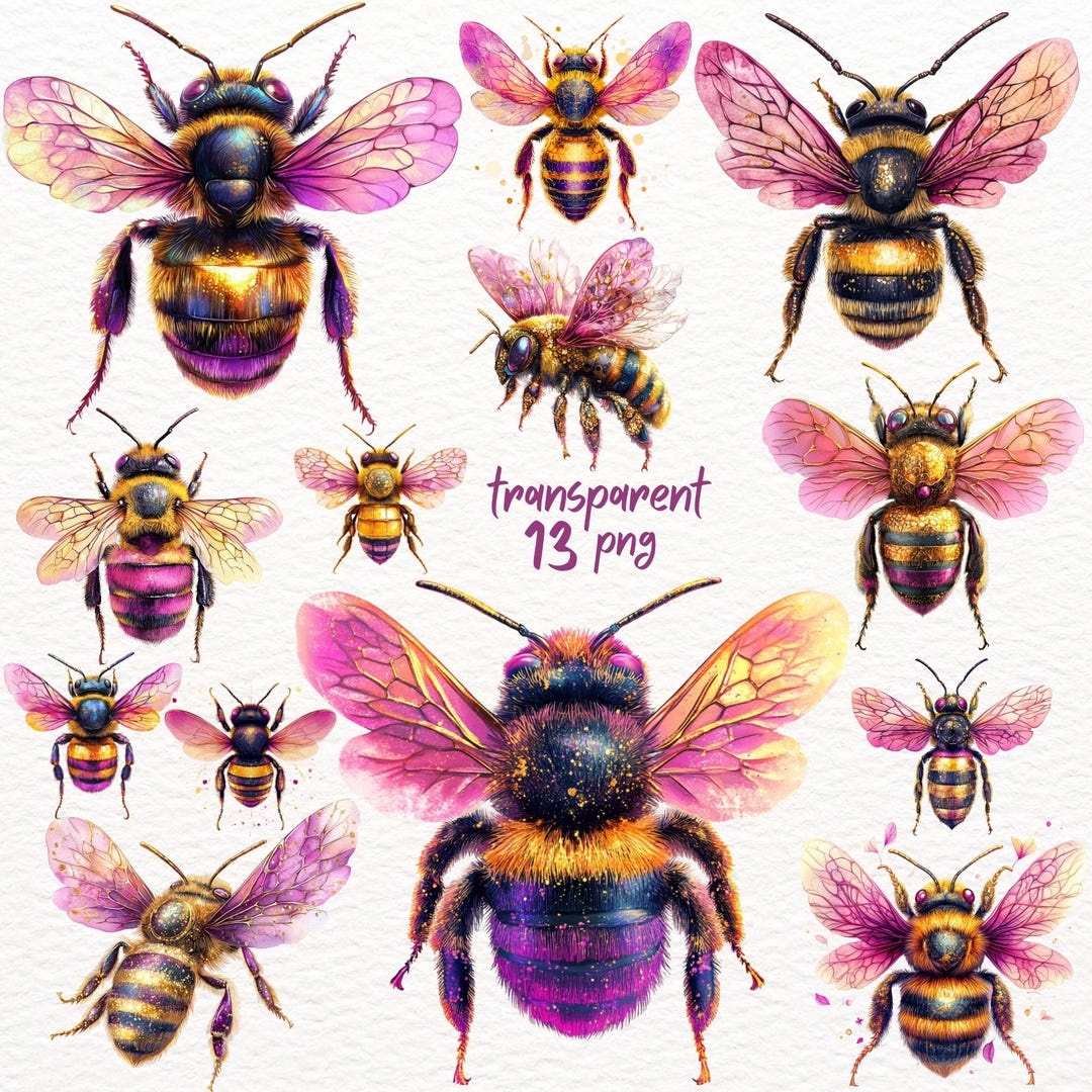 13 Pink Bee Clipart PNG Bundle, Digital Watercolour, Sublimation Png ...