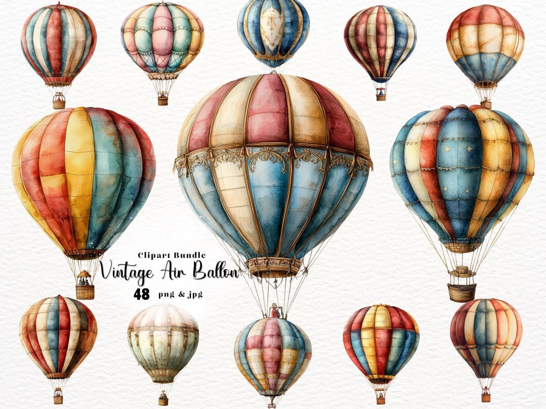 48 Vintage Air Ballon Clipart Bundle, Digital Print Graphic, Whimsical Vintage JPG Junk Journal ...