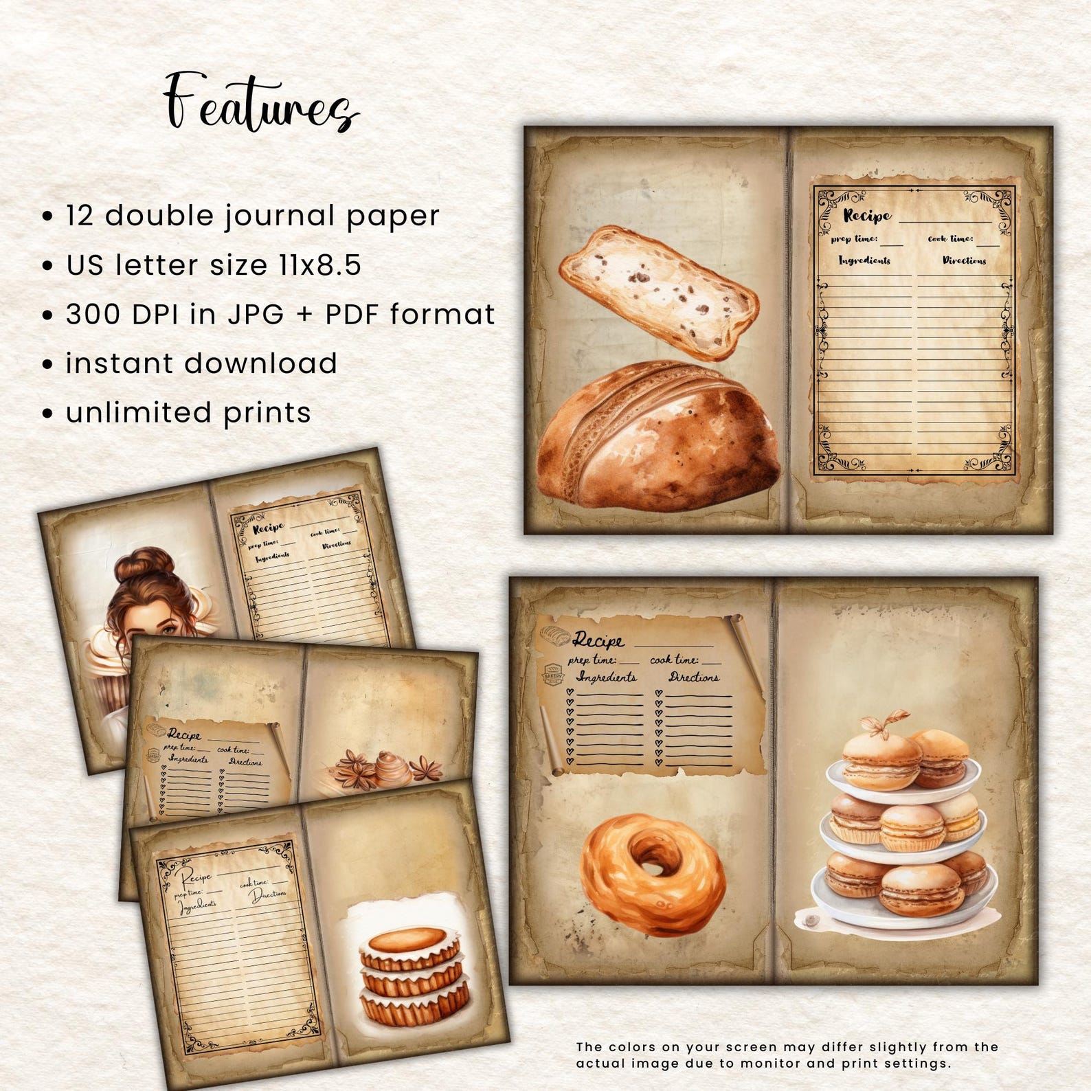 Recipe Junk Journal Printable Paper, Baker Recipe Jpg Bundle, Scrapbook ...