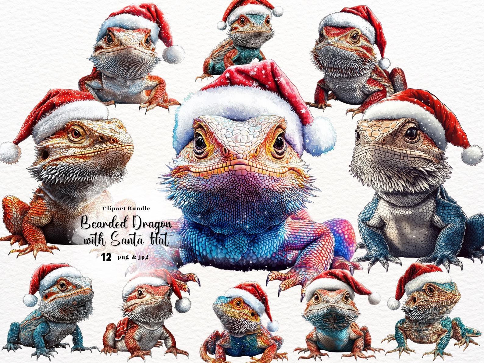 12 Bearded Dragon With Santa Hat Clipart Bundle, Printable Watercolour ...