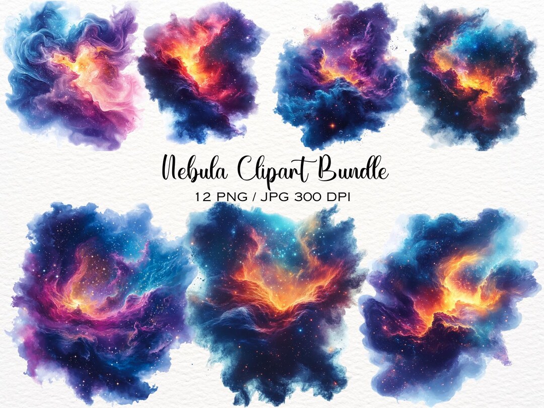 12 Nebula Clipart Bundle, Printable Watercolour PNG, Whimsical JPG ...