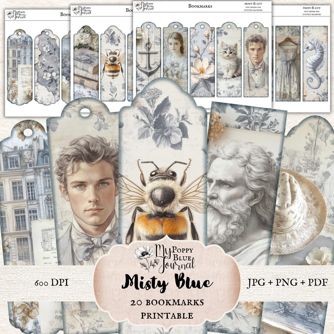 Blue Printable Bookmark Bundle, Digital Vintage Craft, Misty Blue Set ...