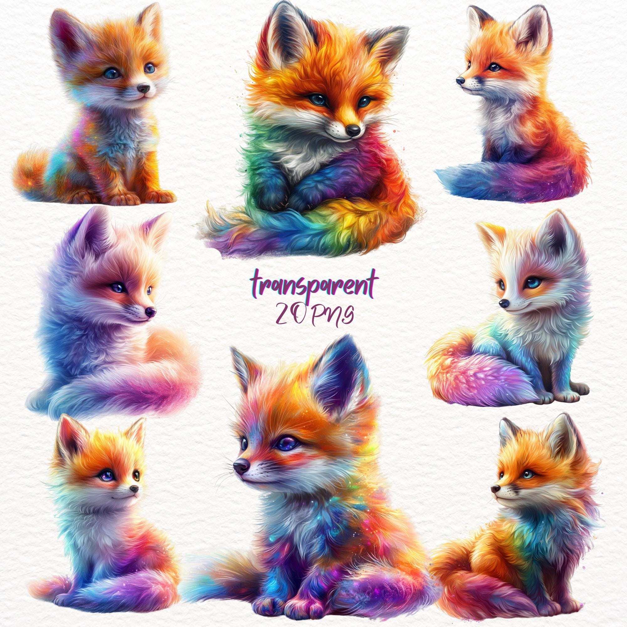 20 Rainbow Fox Clipart PNG Bundle, Digital Watercolour Graphic ...