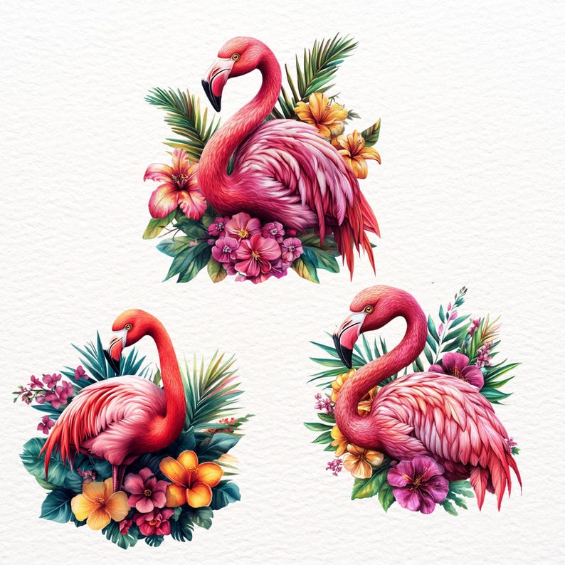 15 Summer Flamingo Clipart PNG Bundle, Digital Graphic, Beach ...