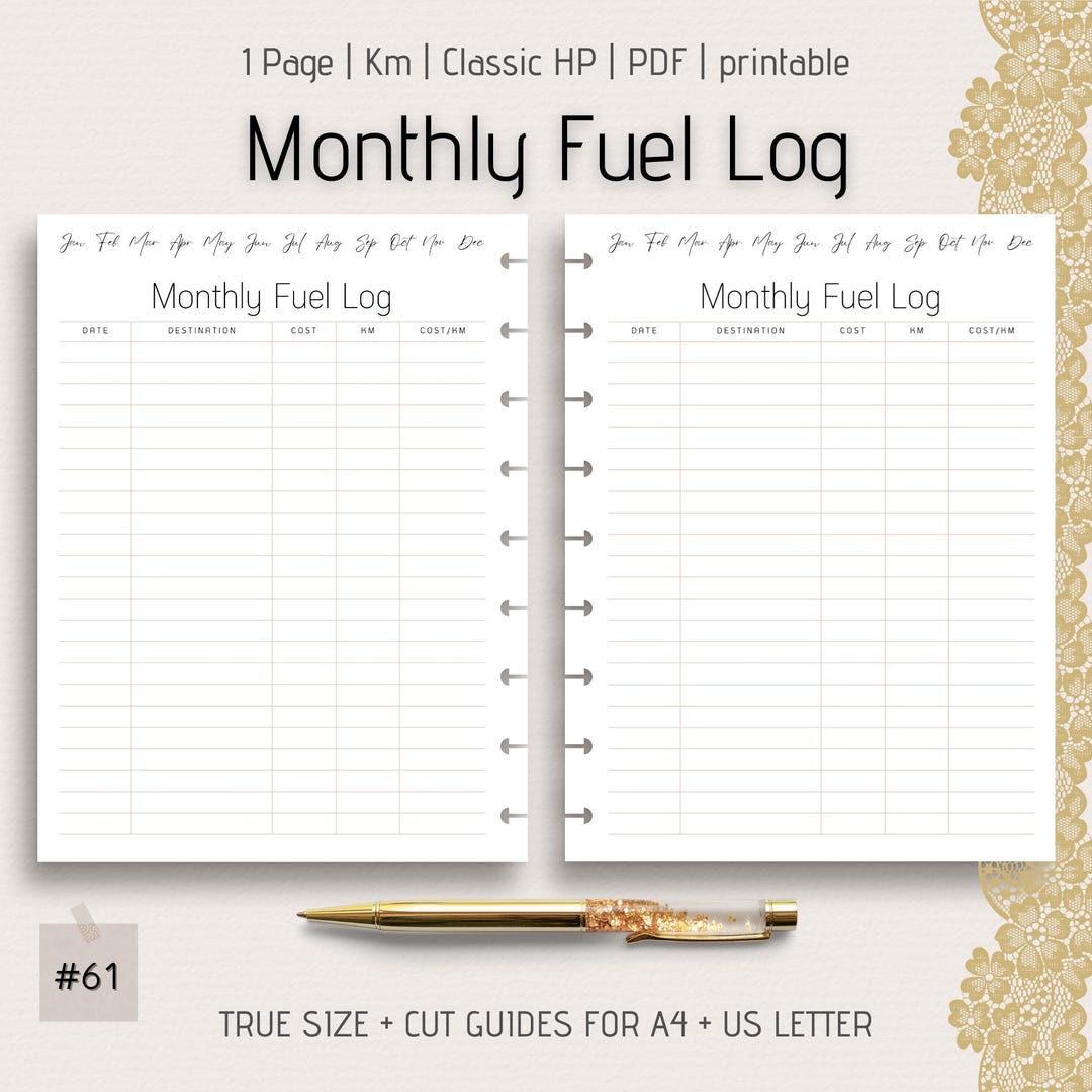 Fuel Log Planner Insert, Printable Planner, Digital Template, Classic ...