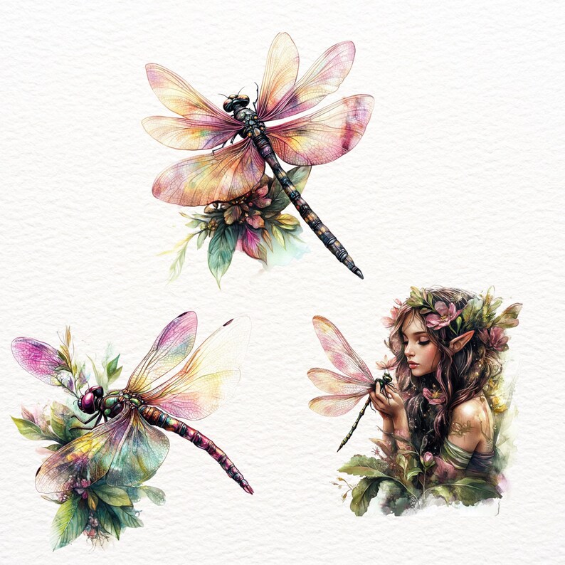 Fairy Dragonfly Clipart Bundle: Whimsical Watercolor PNG (digital ...