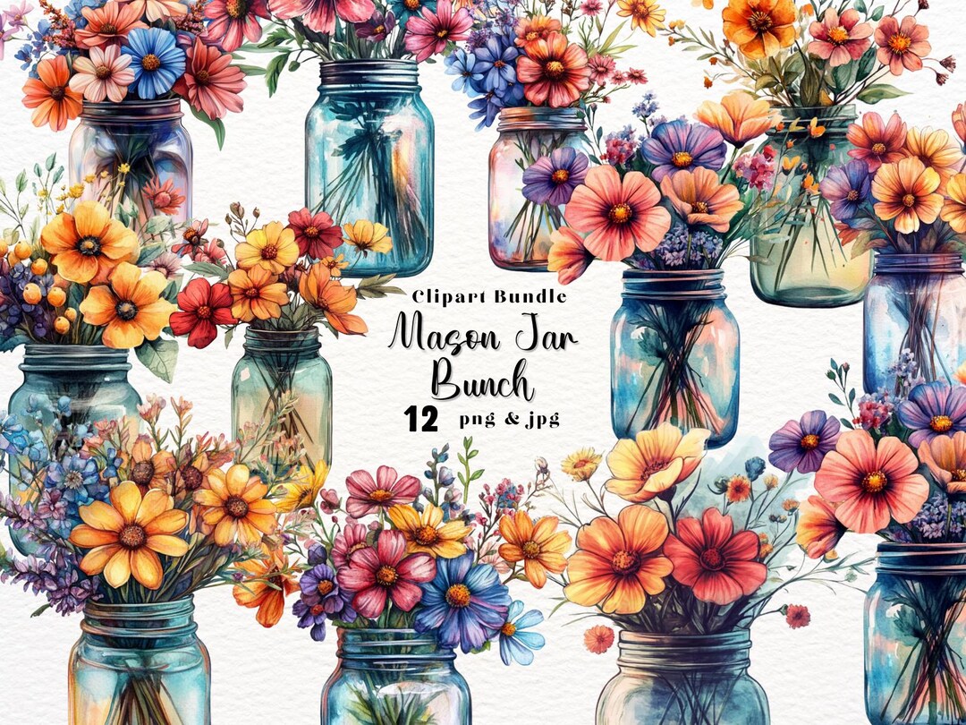 12 Mason Jar Bunch Clipart Bundle, Printable Watercolour, JPG Set Junk ...
