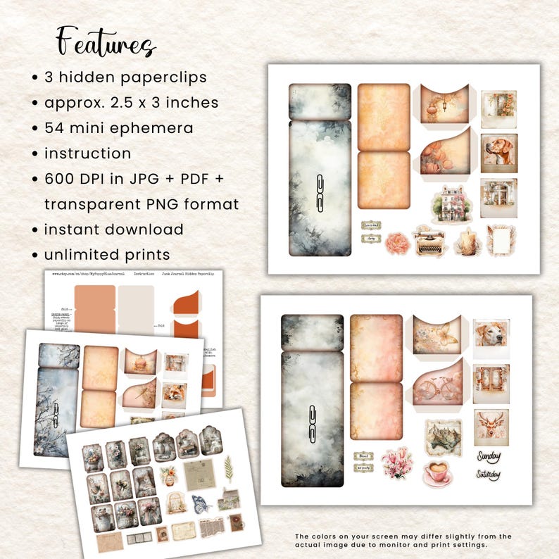 Peachy Junk Journal Printable: Paperclip Ephemera, Scrapbook DIY (PDF ...