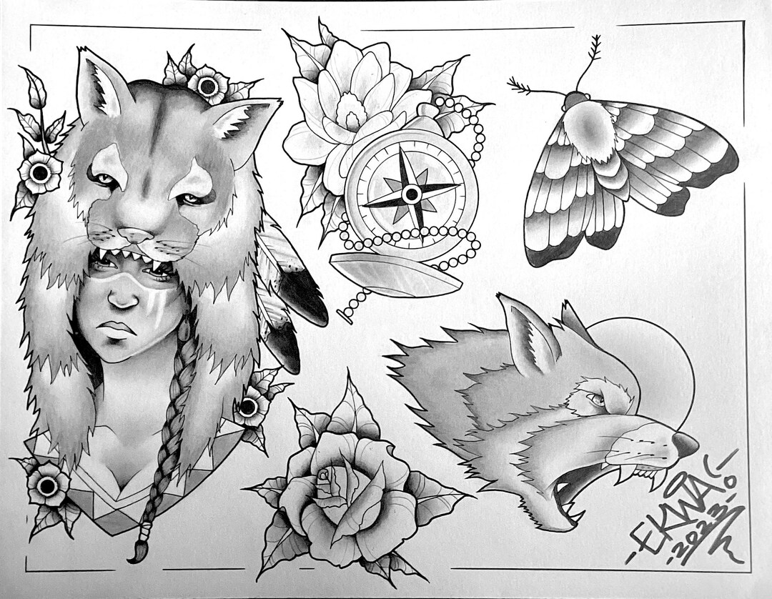 ORIGINAL Native Tattoo Flash Sheet #17 (hand Drawn) - Etsy
