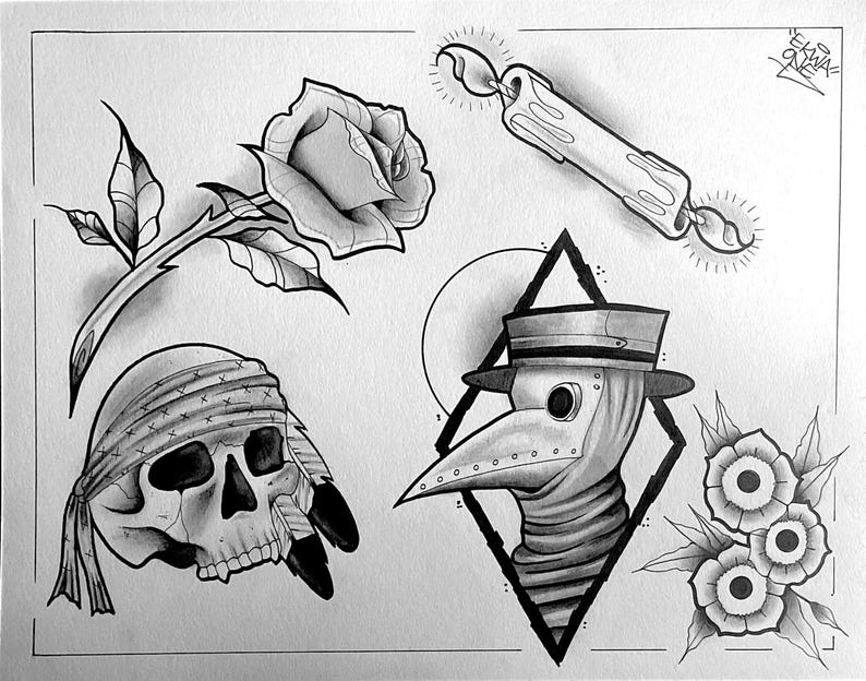 ORIGINAL Tattoo Flash Sheet #10 (hand Drawn) - Etsy