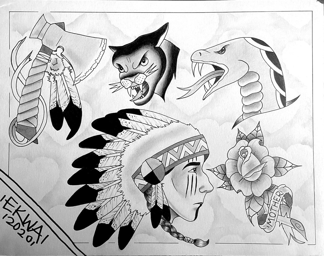 ORIGINAL Native Tattoo Flash Sheet #21 (hand Drawn) - Etsy