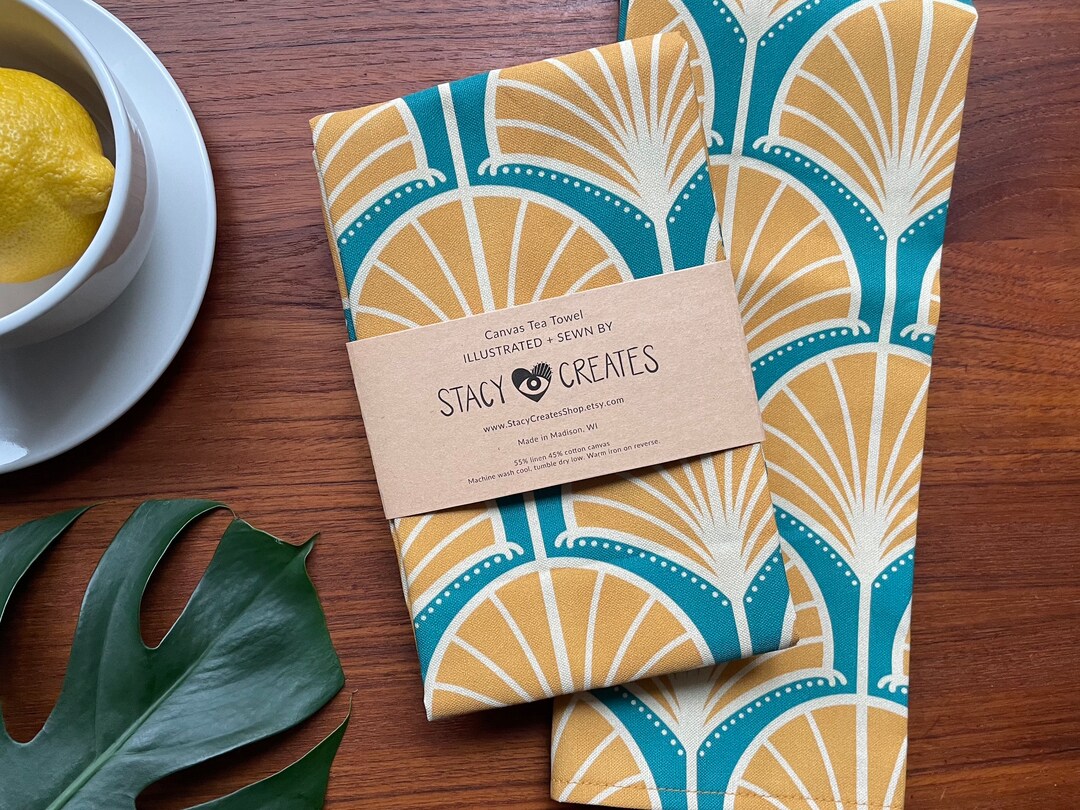 Deco Print Tea Towel Deco Fan Dish Towel, Linen Cotton Canvas Kitchen ...