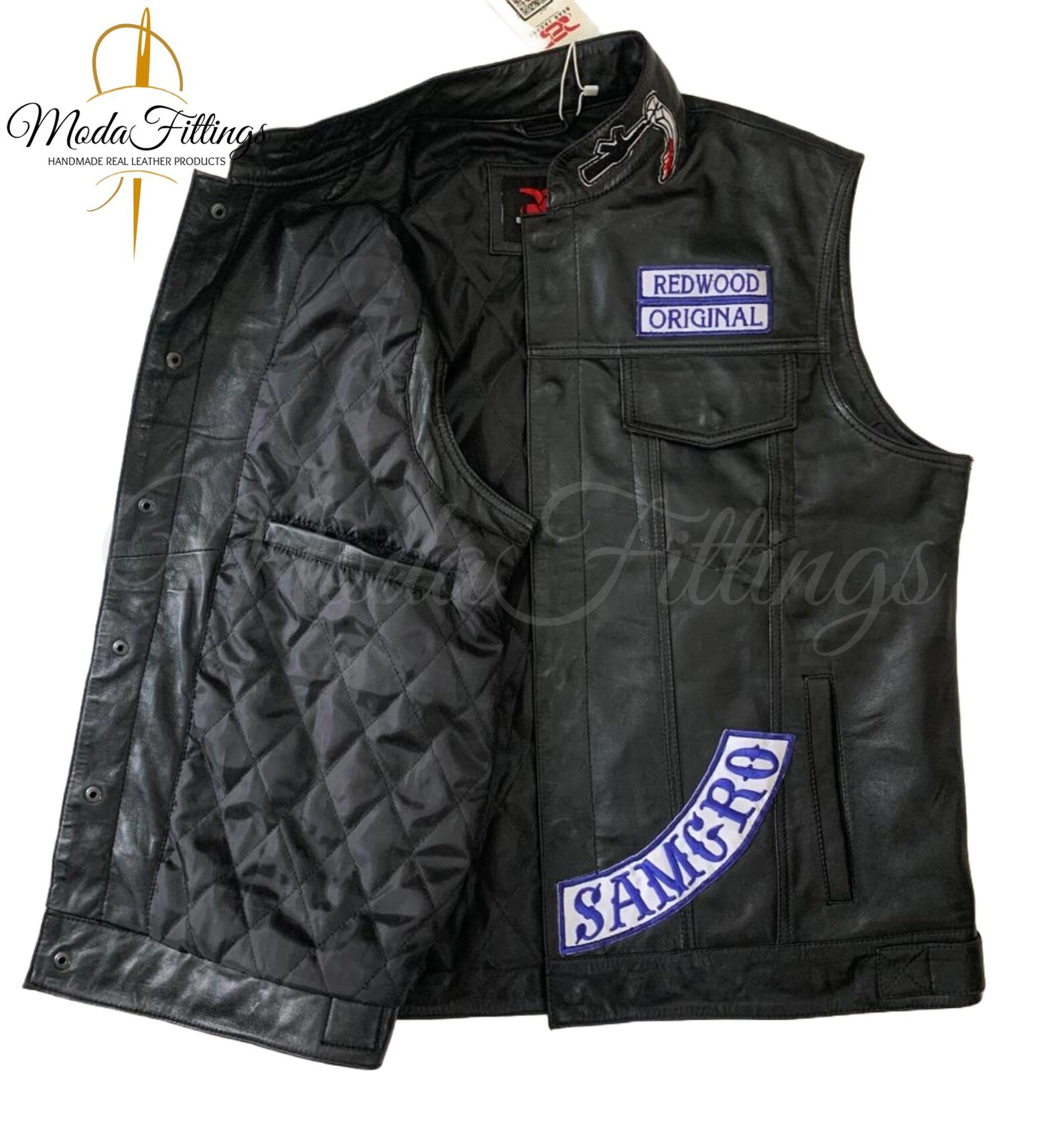 Mens Son of Anarchy Black Leather Vest | Blue Embroidered Patches ...