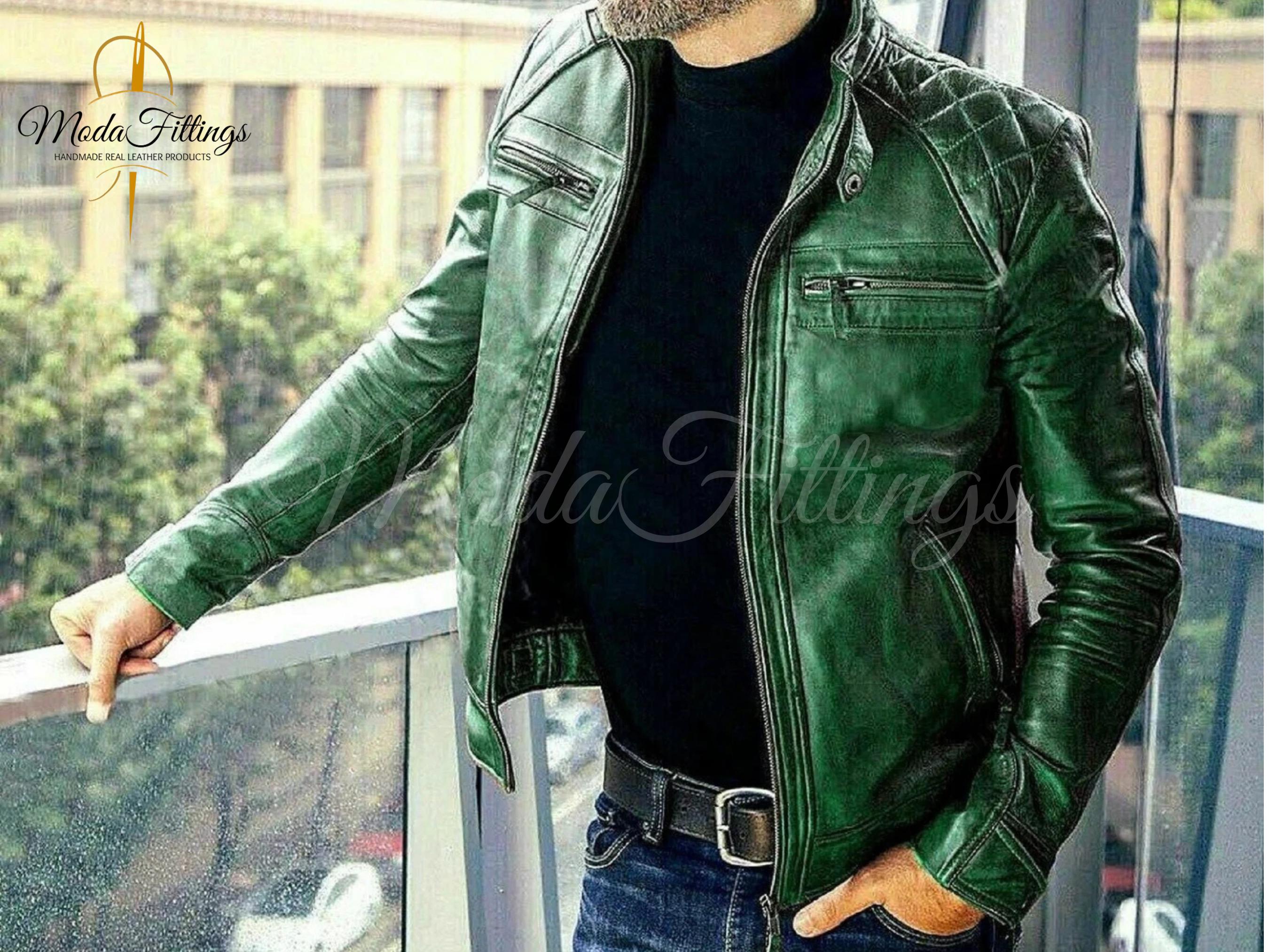 Mens Green Leather Jacket Genuine Sheepskin Leather Jacket Men Leather ...
