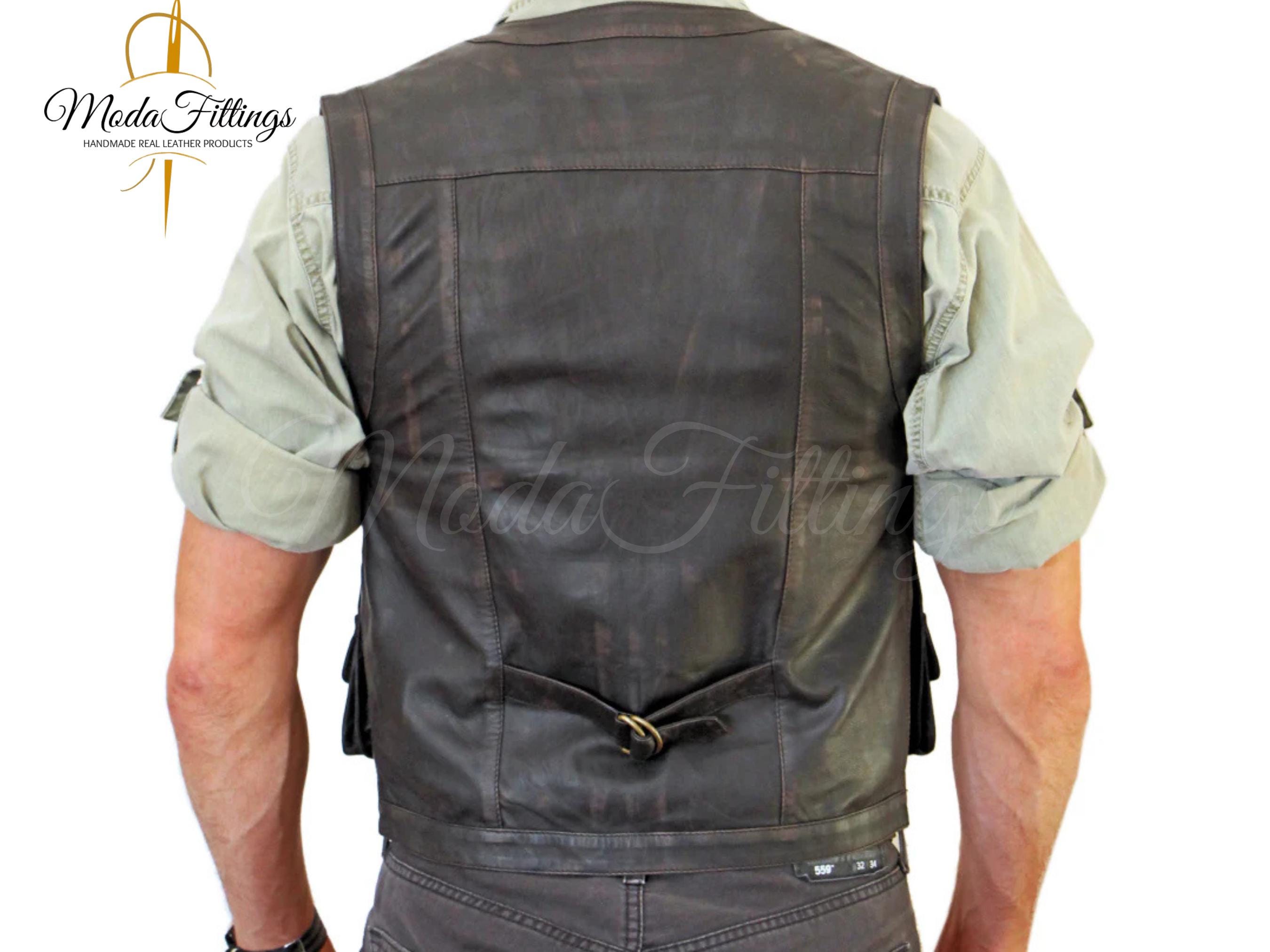 Mens Brown Leather Vest | Sheepskin Rub off Leather Vest | Safari Vest ...