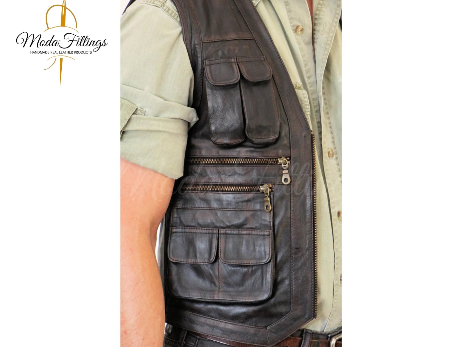 Mens Brown Leather Vest | Sheepskin Rub off Leather Vest | Safari Vest ...