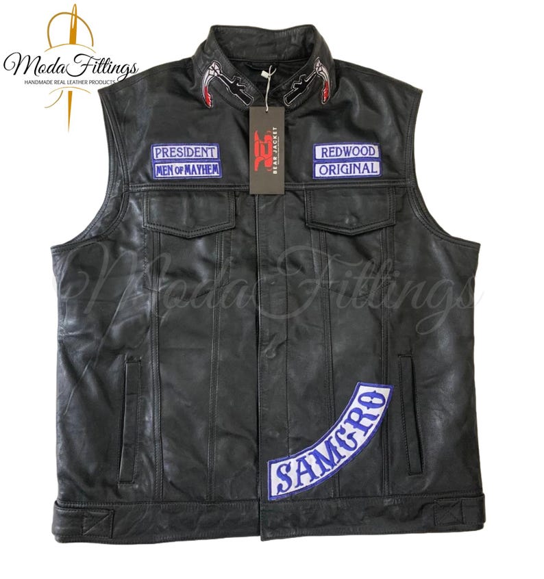 Mens Son of Anarchy Black Leather Vest | Blue Embroidered Patches ...